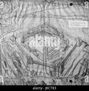 A 17th-century ink drawing depicting foot soldiers in forest terrain ...