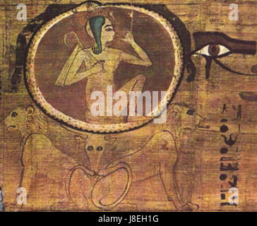 This ancient artwork depicts the Egyptian god Bes, shown with a ram ...