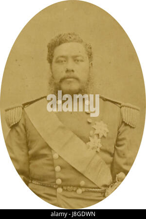 This photograph captures King Kalākaua of Hawaii standing with a saber ...