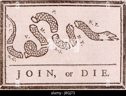 Political cartoon 'Join or die' by Benjamin Franklin on postage stamp ...