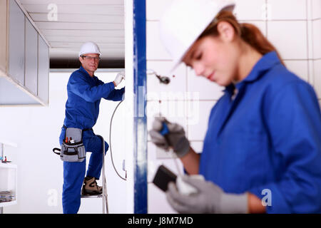 female, male, masculine, teamwork, cabling, electrician, white, blue ...