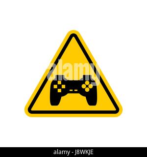 Attention gamer. Yellow road sign danger. Caution guy plays video game ...