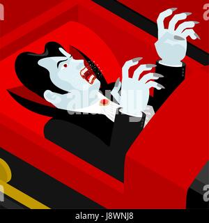 Dracula in coffin. Vampire Count in an open coffin. Ghoul in casket. Retro monster Stock Vector ...