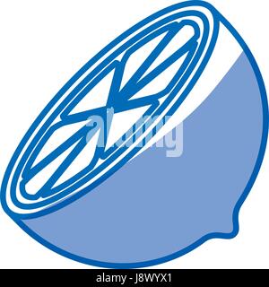 blue shading silhouette of lemon fruit with stem and leaves and slice ...