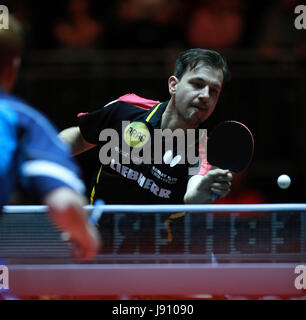 Dusseldorf, Germany. 31st May, 2017. Germany's Timo Boll serves during ...