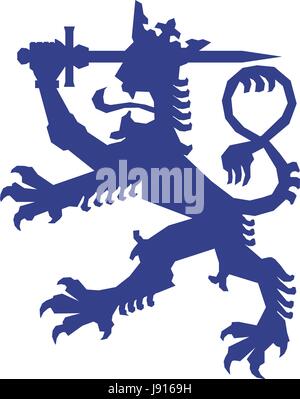 Finnish coat of arms. Heraldic lion and Viking sword drawn in a vintage ...