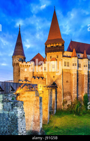 Corvin Castle in Hunedoara, Romania, with Gothic towers, red tiled ...