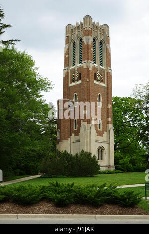 View of the landmark Beaumont Tower carillon on the campus of Michigan ...