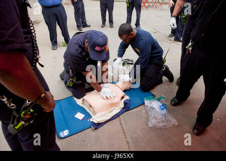 Fire and EMS technicians (EMT, Paramedic) performing CPR on CPR manikin ...