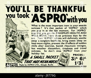 ASPRO pain relief tablets advert. Original 1950s vintage print ...