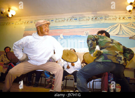 Traditional dancing at a community center at Yupik village of Uelen ...