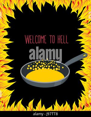 Welcome to hell. Heated frying pan with boiling oil. Hands of Devils ...