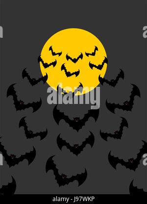 spooky flying bats silhouette against large full moon with clear night ...