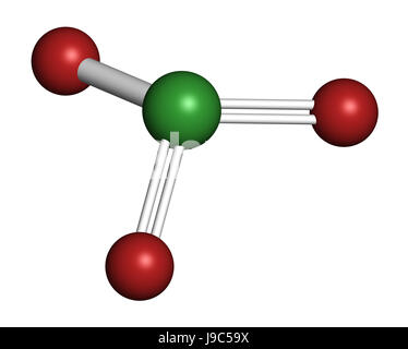Chlorate anion, chemical structure. 3D rendering. Atoms are represented ...