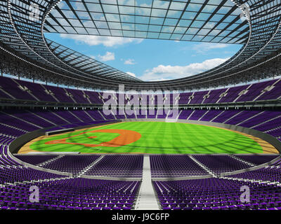 3D render of baseball stadium with purple seats, VIP boxes and ...