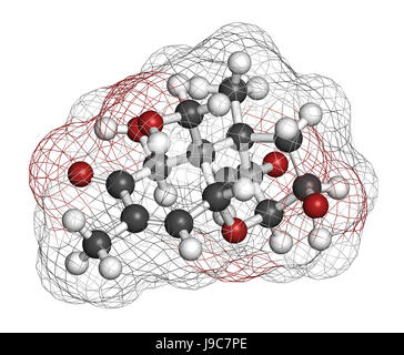Vomitoxin (deoxynivalenol, DON) mycotoxin molecule. 3D rendering. Atoms ...
