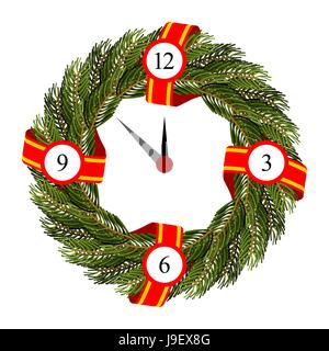 Christmas wreath with fir branches, clock, snowflakes. New year and ...