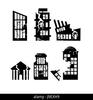 Destroyed buildings. Damaged urban isometric architectural objects bad ...