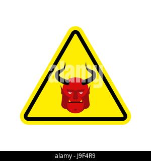 Warning sign attention devil. Hazard yellow sign Satan. Daemon on red ...