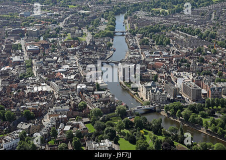 An aerial view of the the river Ouse and the city centre of York, North ...