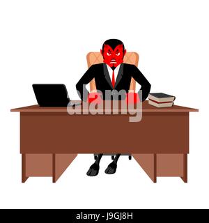 Devil of workplace. Satan boss sitting in office. Red demon at work ...