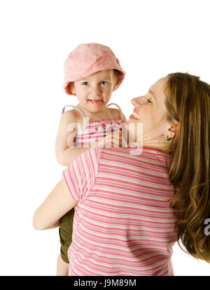 Mother holding child, pointing together, enjoying the scenic view and ...