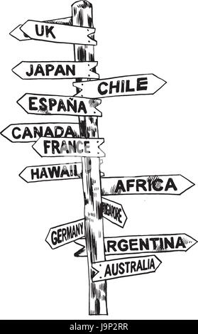 Direction signs different countries. Isolated illustration. Vector ...