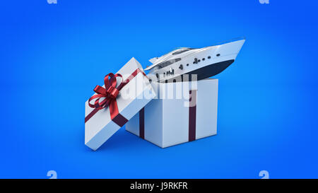 Yacht, luxury boat. Gift box concept. 3D rendering Stock Photo - Alamy