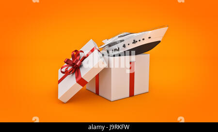 Yacht, luxury boat. Gift box concept. 3D rendering Stock Photo - Alamy