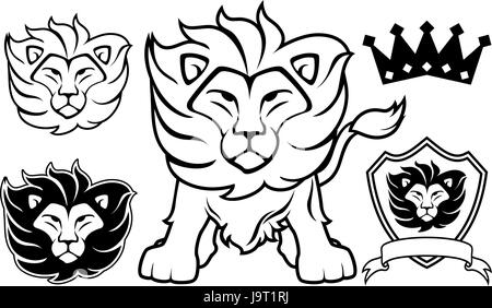 lion front view and head designs isolated on white background, in ...