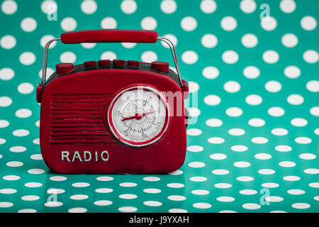 Decorative red radio with retro look on brown wooden background Stock ...