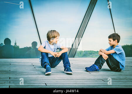 Children boys two friendship buddies embrace cheerfully outside Stock ...