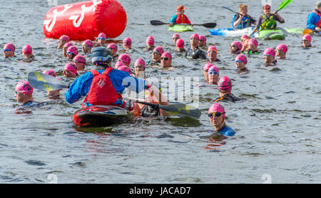 Swimmers awaiting the start of the 2017 Ullswater EPIC open water ...