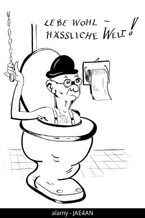Karrikatur schwarz-weiß, Mann spült sich das Klo runter, "Lebe wohl ...