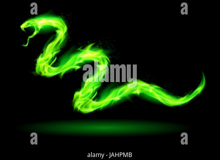 Illustration of green fire snake on black background Stock Photo - Alamy