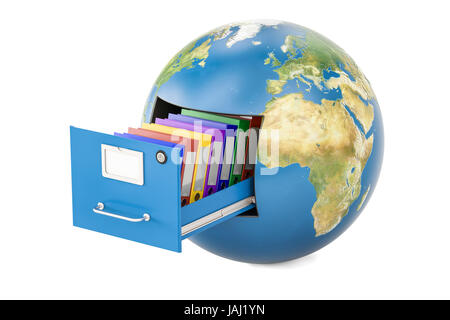 Earth Globe in filing cabinet. Global data storage, 3D rendering ...