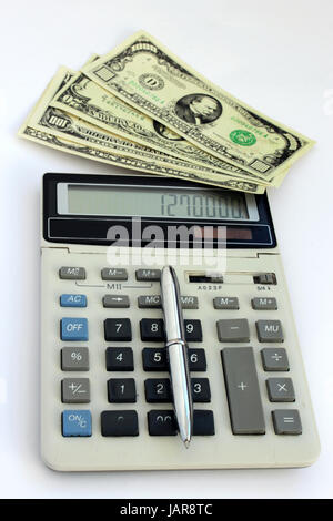 dollar bank notes, calculator, some tables and pen Stock Photo - Alamy