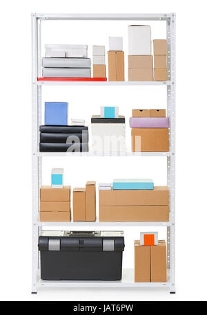 white rack with shelves full of stuff Stock Photo - Alamy