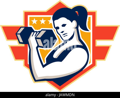 Hand Lifting Dumbbell Shield Retro Stock Photo - Alamy