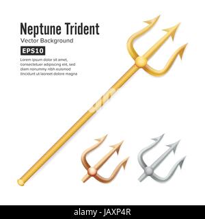 Gold, silver and bronze trident, devil pitchfork with emeralds isolated ...