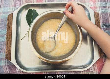 Cute child eating soup from the bowl, healthy food Stock Photo - Alamy