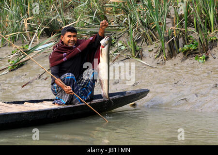 A fisherman shows his catches on the Chitra River. Narail, Bangladesh ...