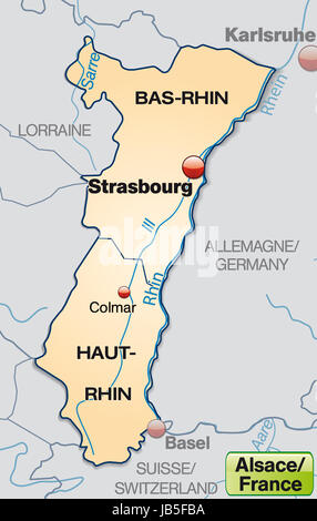 Elsass in Frankreich als Umgebungskarte mit Nachbarländern mit Grenzen ...