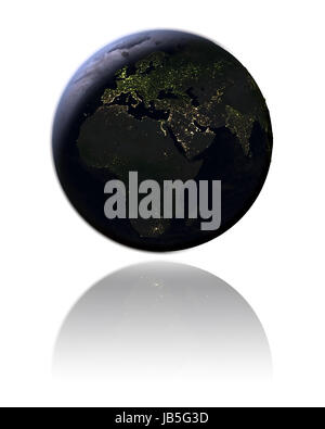 EMEA region at night on globe with visible city lights. 3D illustration ...
