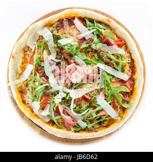 A top view of delicious prosciutto pizza with ketchup isolated on a ...