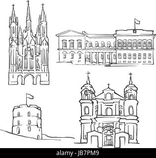 Vilnius, Lithuania famous Travel Sketch. Lineart drawing by hand ...