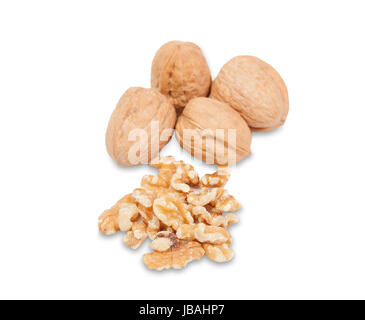 A whole walnut along with some peeled isolated on white background ...