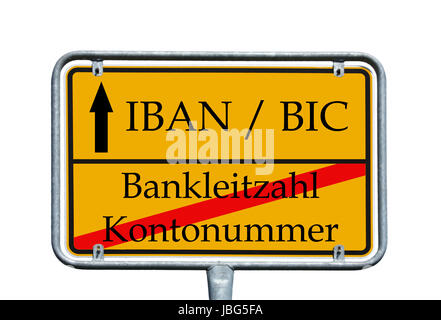 Shield with the german words IBAN / BIC and account number with bank ...