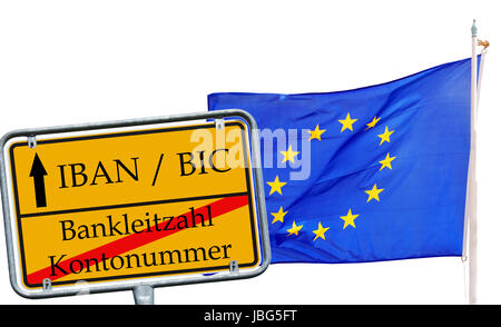 Shield with the german words IBAN / BIC and account number with bank ...