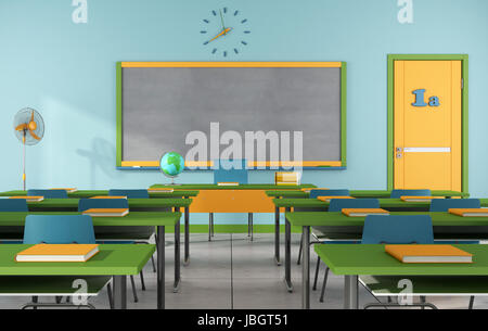 Classroom without student with green chair, desk and blackboard ...
